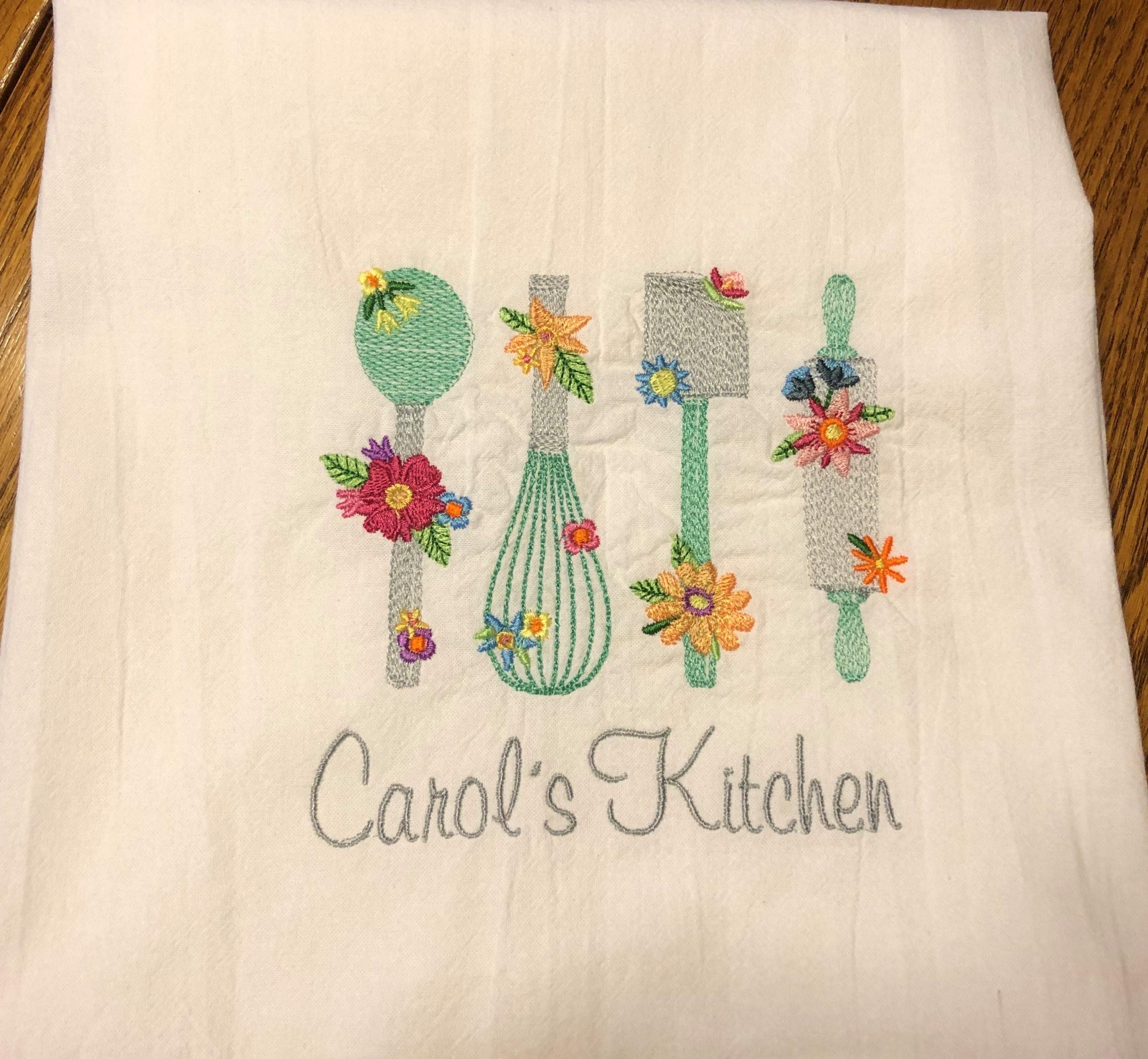 Personalized embroidered tea towel, spring kitchen utensils, flour sack dish towel, bridal shower or wedding gift under 20