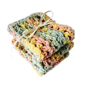 Kitchen Dish Cloths Green Pink Yellow Pastel Cotton Washcloths Set of 3 Handmade Crochet