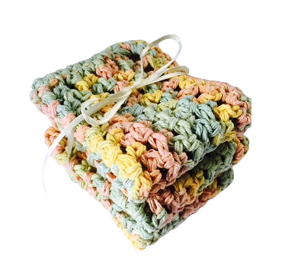 Kitchen Dish Cloths Green Pink Yellow Pastel Cotton Washcloths Set of 3 Handmade Crochet