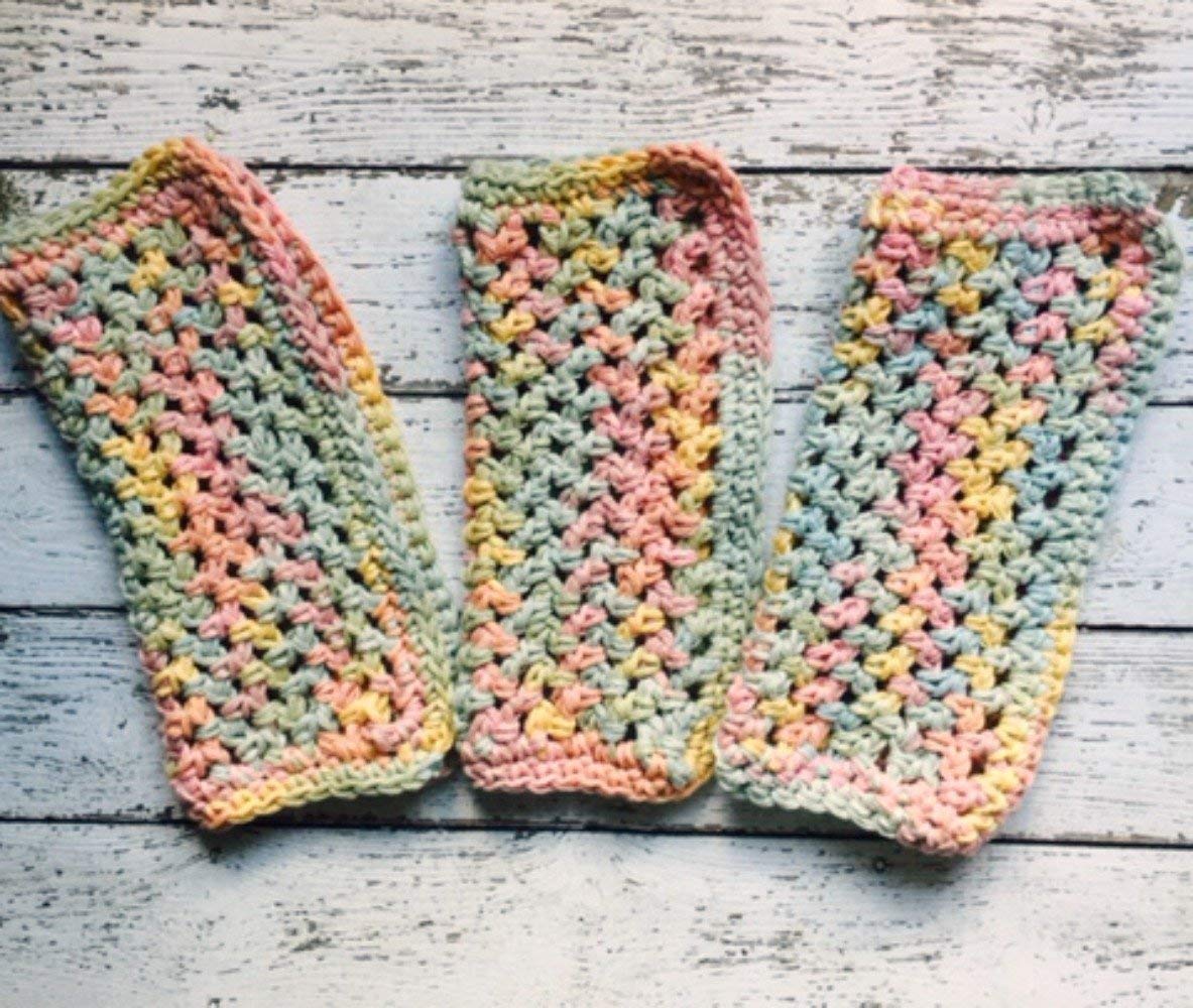 Kitchen Dish Cloths Green Pink Yellow Pastel Cotton Washcloths Set of 3 Handmade Crochet