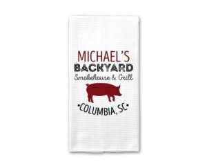 personalized backyard smokehouse & grill towel | custom waffle weave dish towel | personalized kitchen towel | men grilling gift | personalized dish towel | barbecue gift | mens kitchen gift