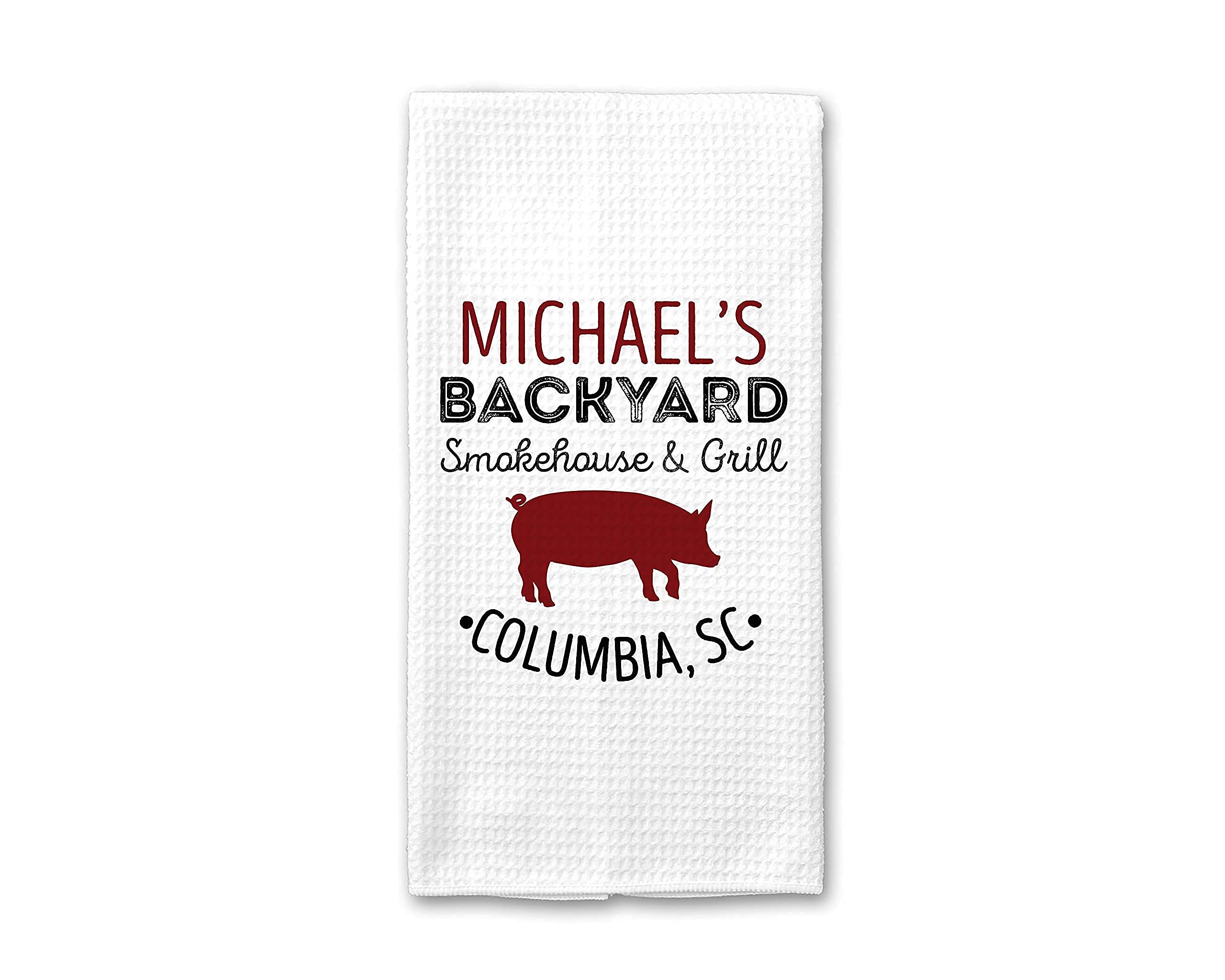 Personalized Backyard Smokehouse & Grill Towel | Custom Waffle Weave Dish Towel | Personalized Kitchen Towel | Men Grilling Gift | Personalized Dish Towel | Barbecue Gift | Mens Kitchen Gift