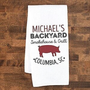 Personalized Backyard Smokehouse & Grill Towel | Custom Waffle Weave Dish Towel | Personalized Kitchen Towel | Men Grilling Gift | Personalized Dish Towel | Barbecue Gift | Mens Kitchen Gift