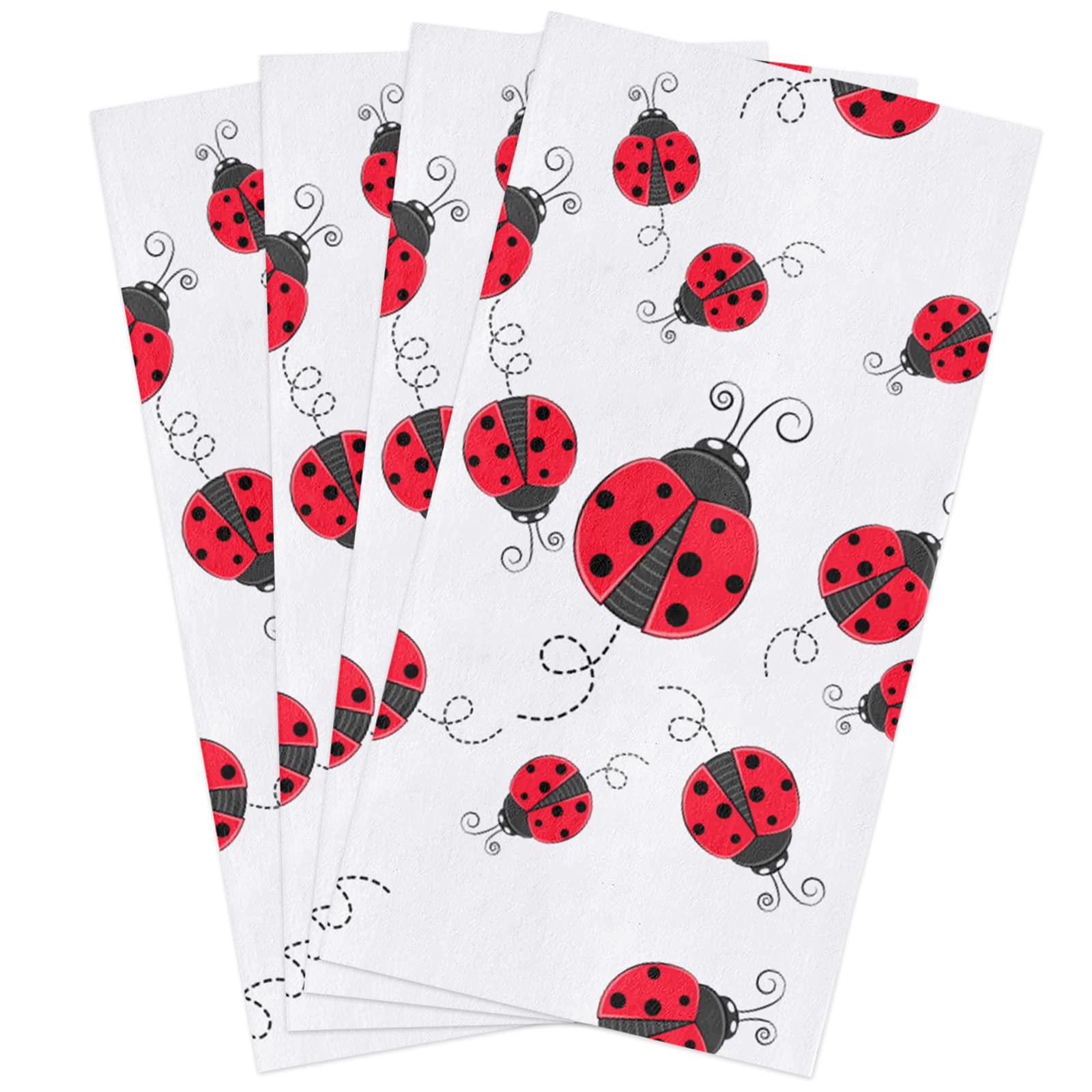 Meet 1998 Red Ladybug Kitchen Towels, Set of 4 Hand Drying Towel, Soft Absorbent Multipurpose Cloth Tea Towels for Cooking Baking, Nature Insect Print Washable Dish Towels Cloth 18x28 Inch