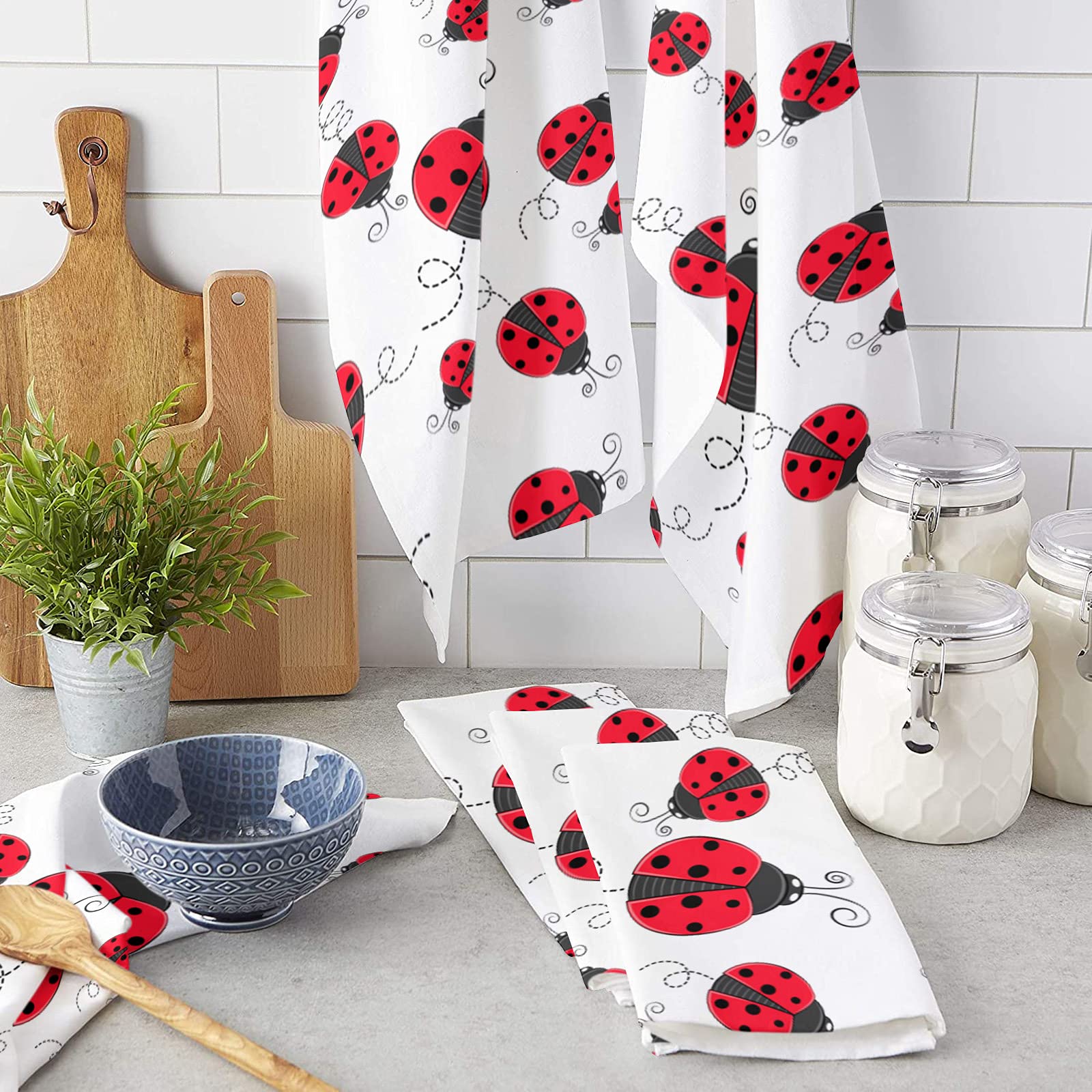 Meet 1998 Red Ladybug Kitchen Towels, Set of 4 Hand Drying Towel, Soft Absorbent Multipurpose Cloth Tea Towels for Cooking Baking, Nature Insect Print Washable Dish Towels Cloth 18x28 Inch