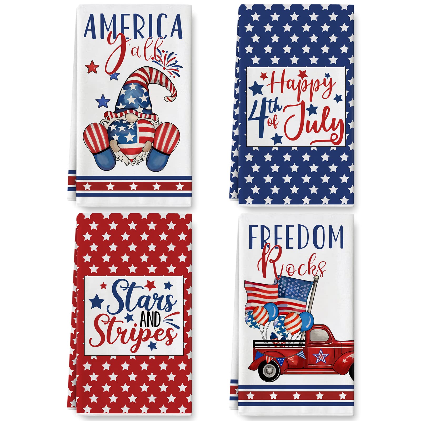 AnyDesign Patriotic Kitchen Dish Towel 4th of July Stars Stripes Dishcloth American Flag Truck Gnome Decorative Hand Drying Tea Towel for Independence Day Memorial Day Cooking Baking, 4Pcs, 18 x 28