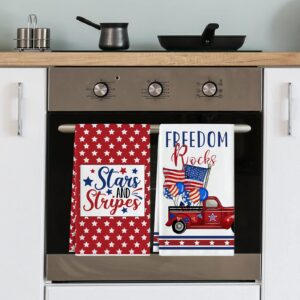 AnyDesign Patriotic Kitchen Dish Towel 4th of July Stars Stripes Dishcloth American Flag Truck Gnome Decorative Hand Drying Tea Towel for Independence Day Memorial Day Cooking Baking, 4Pcs, 18 x 28