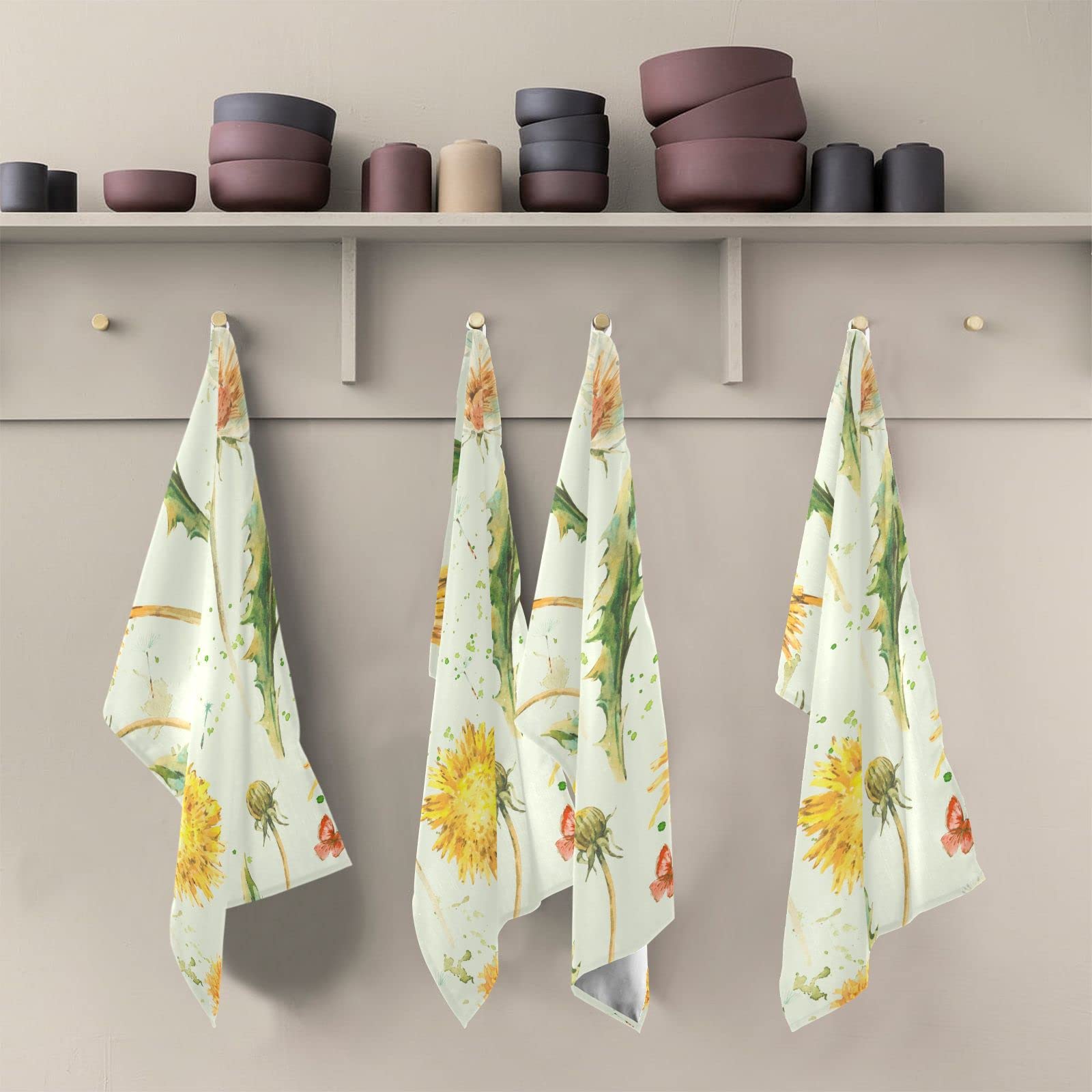 Jihqo Yellow Dandelion Dish Towels for Kitchen Soft Tea Towel Set of 4 Absorbent Dishcloths Hand Towels for Drying Dish Cloths 28" x 18"