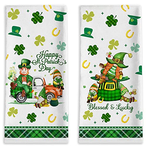 St Patricks Hand Towels Bathroom, Happy St. Patrick's Day Leprechaun Shamrocks Kitchen Towels 18”x28”, Gnomes Green Hat Irish Truck Dish Tea Towel Housewarming Gifts Decorations for Home Sets of 2