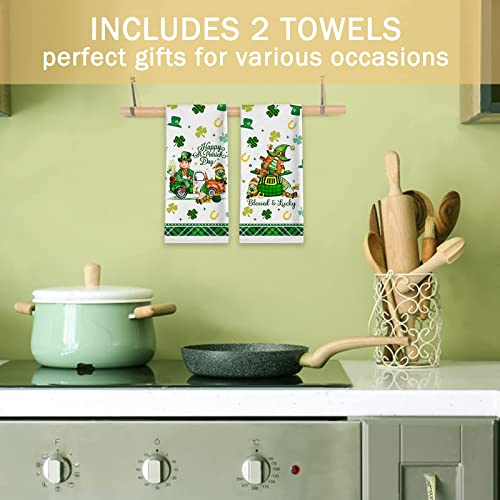 St Patricks Hand Towels Bathroom, Happy St. Patrick's Day Leprechaun Shamrocks Kitchen Towels 18”x28”, Gnomes Green Hat Irish Truck Dish Tea Towel Housewarming Gifts Decorations for Home Sets of 2