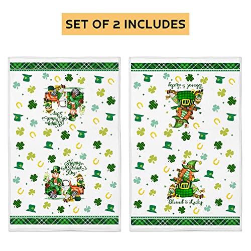 St Patricks Hand Towels Bathroom, Happy St. Patrick's Day Leprechaun Shamrocks Kitchen Towels 18”x28”, Gnomes Green Hat Irish Truck Dish Tea Towel Housewarming Gifts Decorations for Home Sets of 2