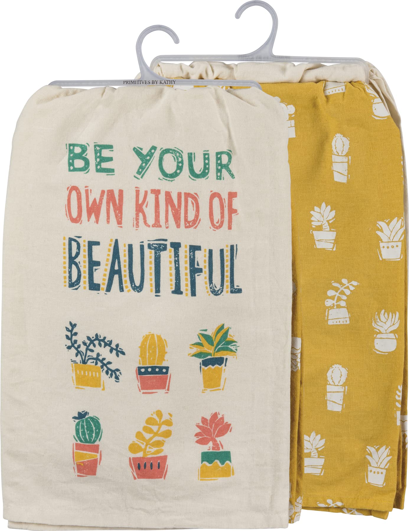 Primitives by Kathy Kitchen Dish Towel Set, Be Your Own Kind Of Beautiful, Cactus-Patterned Towels, 28" Square Dishtowels