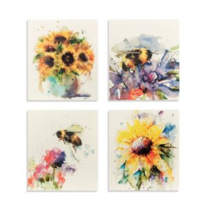 demdaco watercolor yellow sunflower bee 6 x 7 cotton blend biodegradable dish cloths set of 4