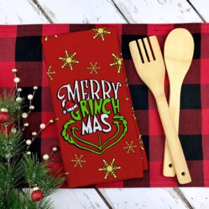 Seliem Merry Christmas Kitchen Dish Towel Set of 2, Green Mas Red Santa Snowflake Hand Drying Baking Cooking Cloth, Winter Holiday Xmas Decor Home Decorations 18 x 26 Inch