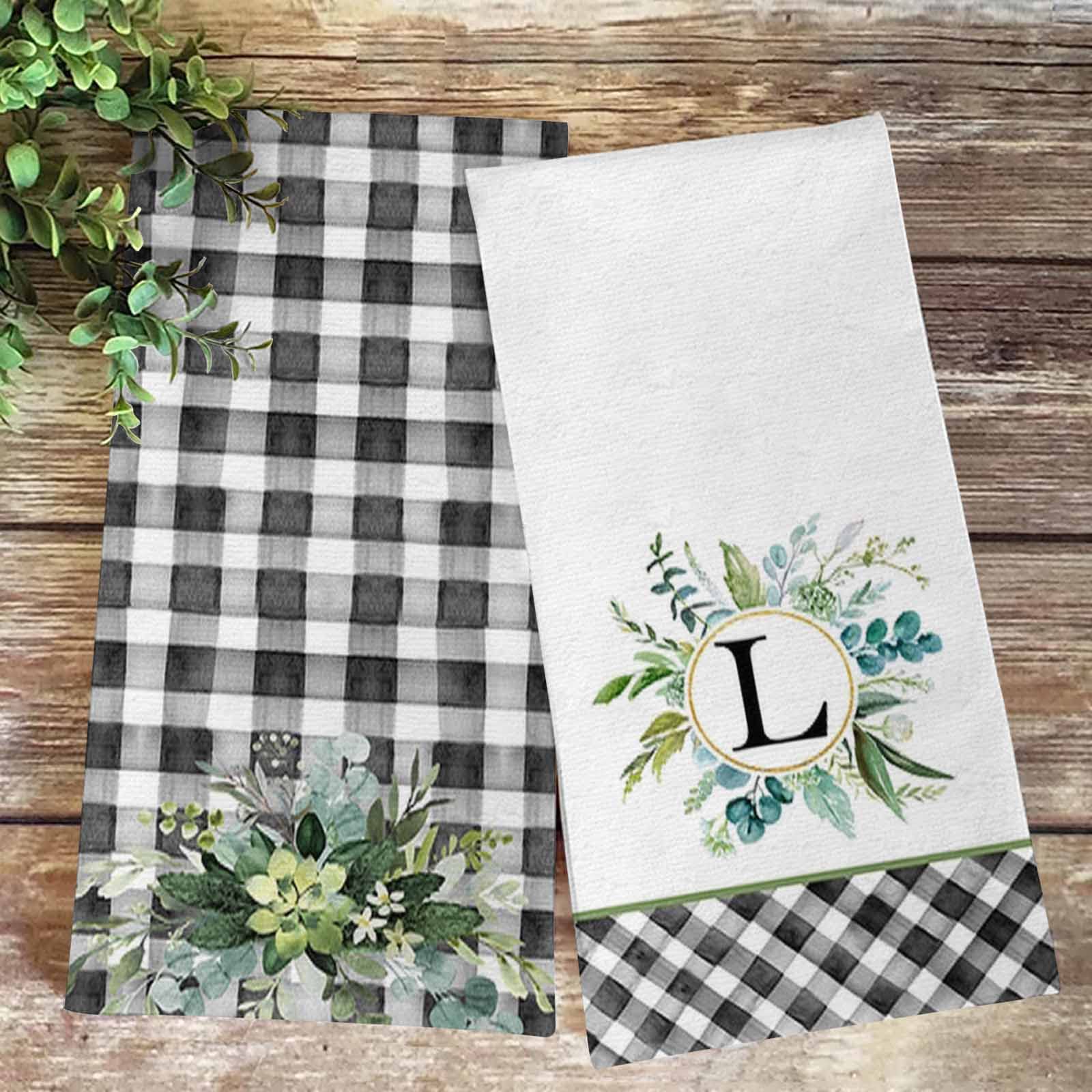 VDLBT Monogram Kitchen Towels Letter L Eucalyptus Leaves Farmhouse Dish Towels Buffalo Plaid Check Dishcloth Fingertip Hand Towel Last Name Initial Soft Tea Towel Set of 2