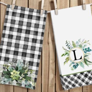 VDLBT Monogram Kitchen Towels Letter L Eucalyptus Leaves Farmhouse Dish Towels Buffalo Plaid Check Dishcloth Fingertip Hand Towel Last Name Initial Soft Tea Towel Set of 2