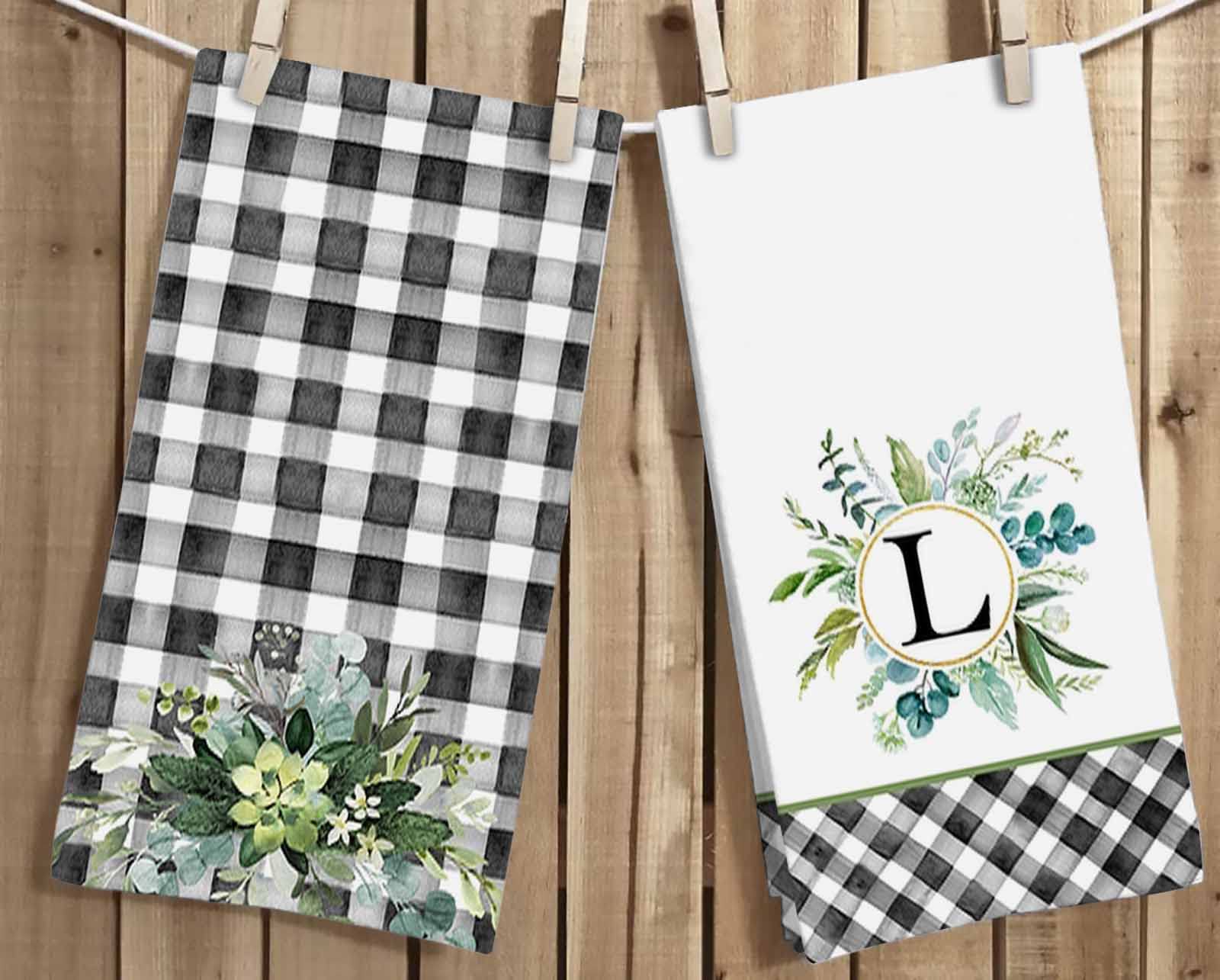 VDLBT Monogram Kitchen Towels Letter L Eucalyptus Leaves Farmhouse Dish Towels Buffalo Plaid Check Dishcloth Fingertip Hand Towel Last Name Initial Soft Tea Towel Set of 2