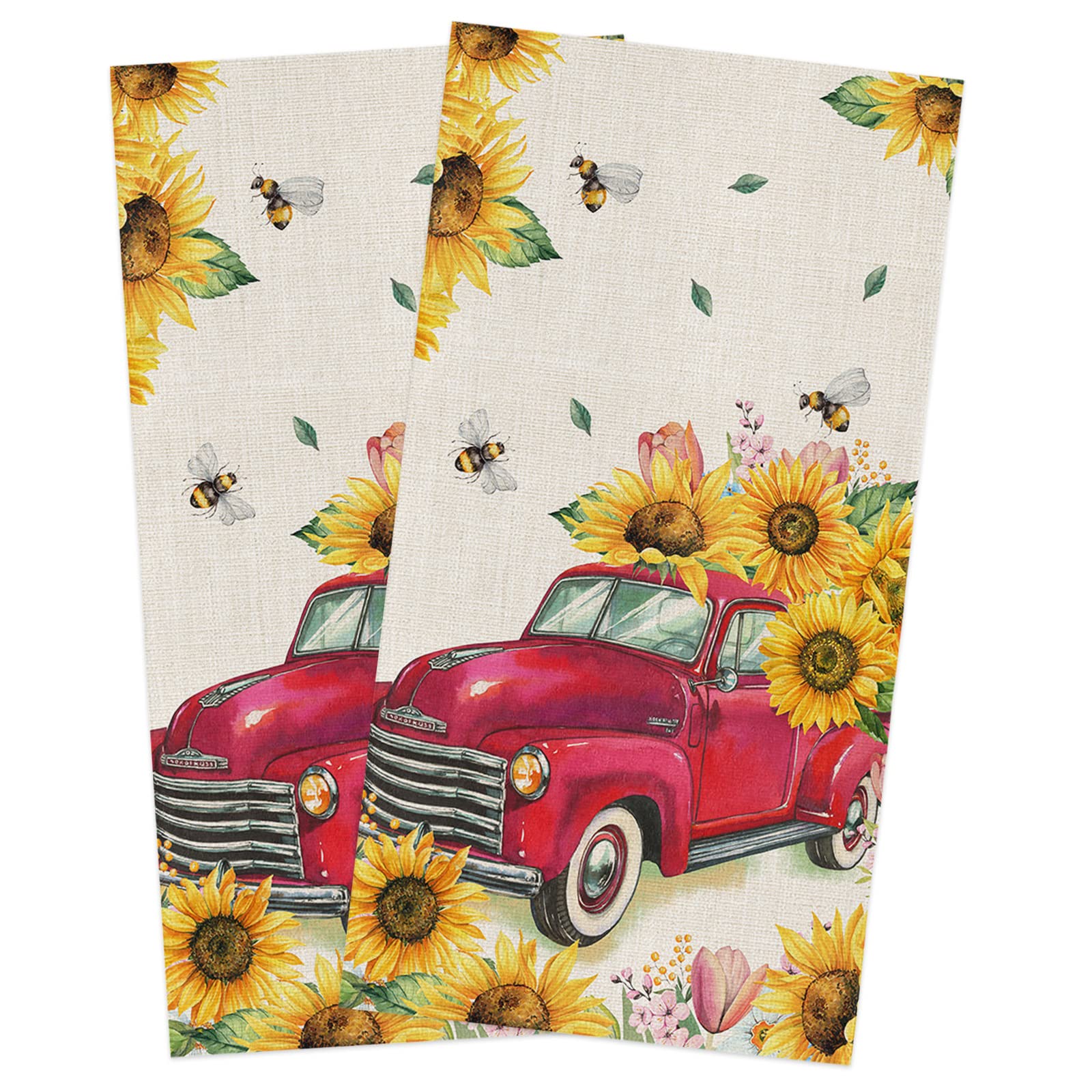 KID99inner Kitchen Towels Sunflower Red Truck Summer Bee Absorbent Tea Towel Soft Hand Dish Towel Retro Reusable Washable Cleaning Cloth for Bathroom Bar for Everyday Cooking (Pack of 2)