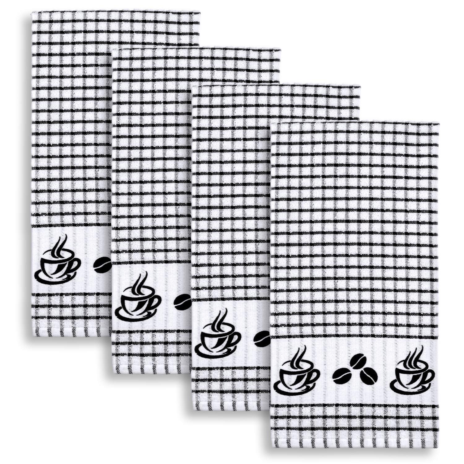 Cackleberry Home Coffee Time Windowpane Check Cotton Terrycloth Kitchen Towels, Set of 4 (Black)