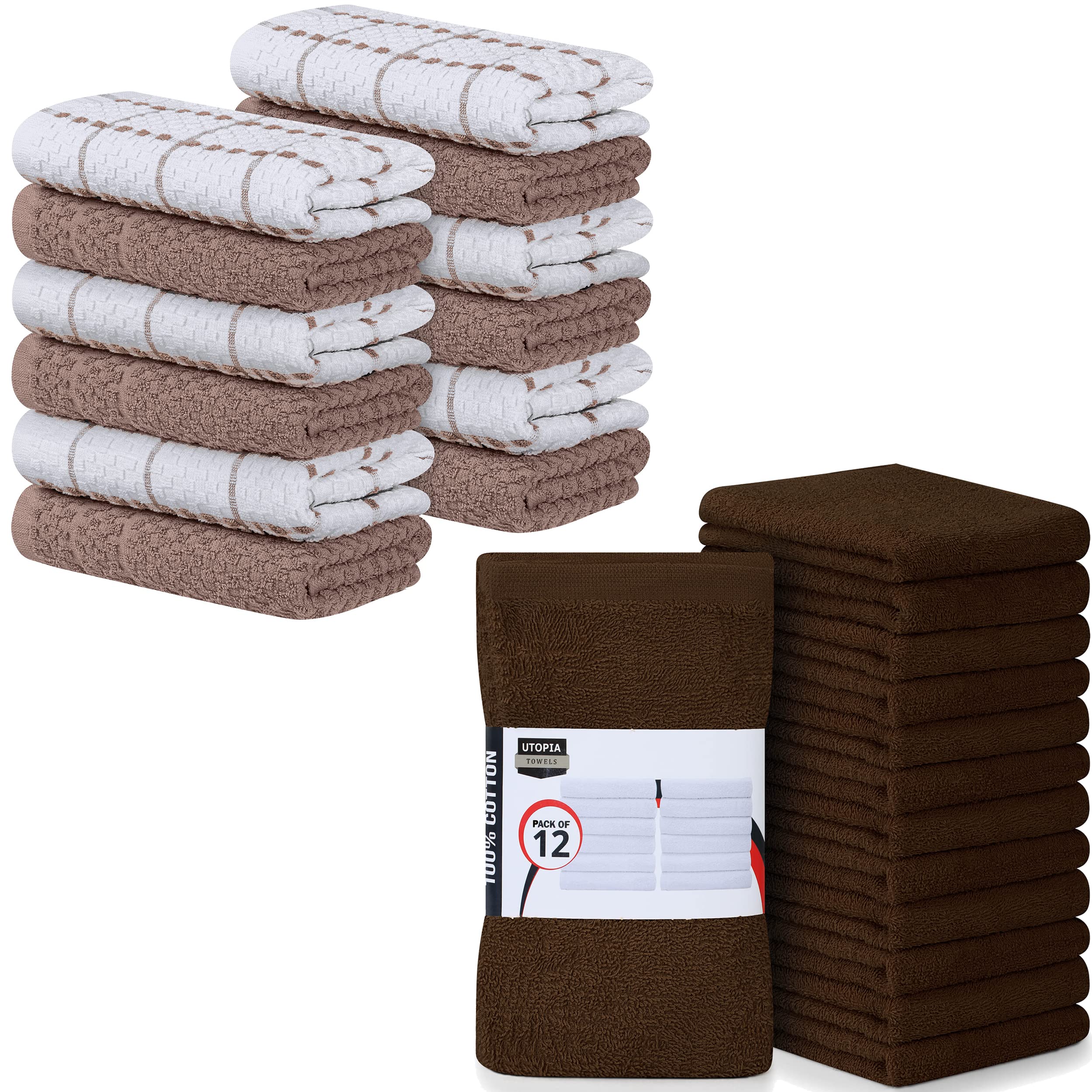 Utopia Towels Bundle of 24 Kitchen Dish Towels & Bar Mops - 12 Pack Tea Towels - 12 Pack Bar Towels - 100% Ring Spun Cotton - Soft, Absorbent & Multipurpose (Brown)