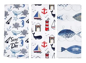 fillurbasket coastal kitchen towels set nautical dish towels fish kitchen towels seashell towels for kitchen decorative hand dish drying 15"x25" 100% cotton