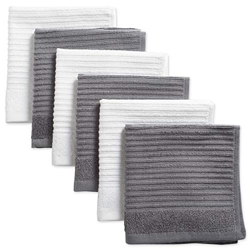 J&M Home Fashions, Cotton Ribbed Terry Dish Towels, Ultra Absorbent, Set of 6. 12x12, Gray/White