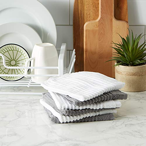 J&M Home Fashions, Cotton Ribbed Terry Dish Towels, Ultra Absorbent, Set of 6. 12x12, Gray/White