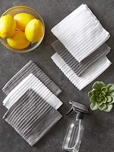 J&M Home Fashions, Cotton Ribbed Terry Dish Towels, Ultra Absorbent, Set of 6. 12x12, Gray/White