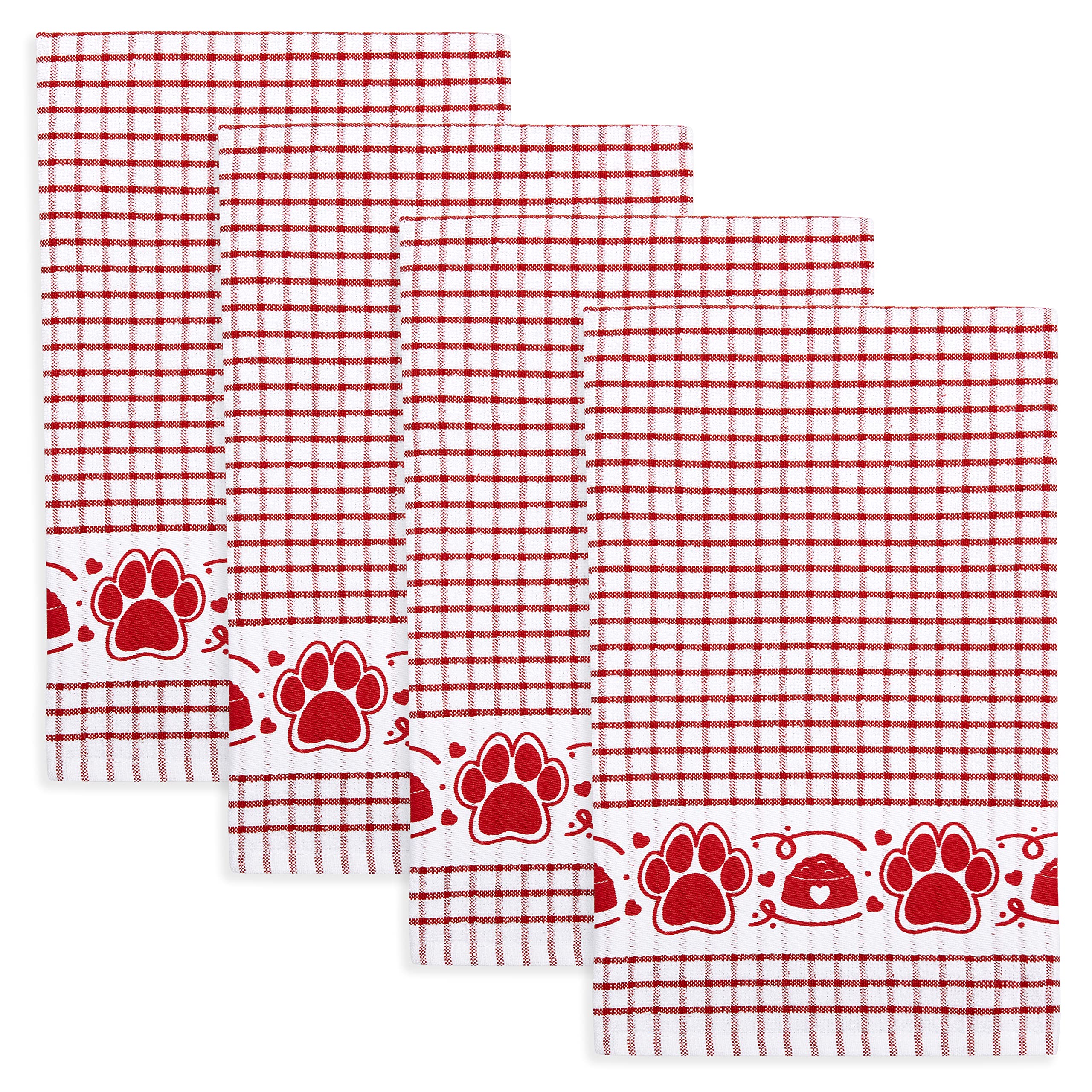 Cackleberry Home Paw Prints Terrycloth Kitchen Towels Windowpane Check Fabric, Set of 4 (Red)