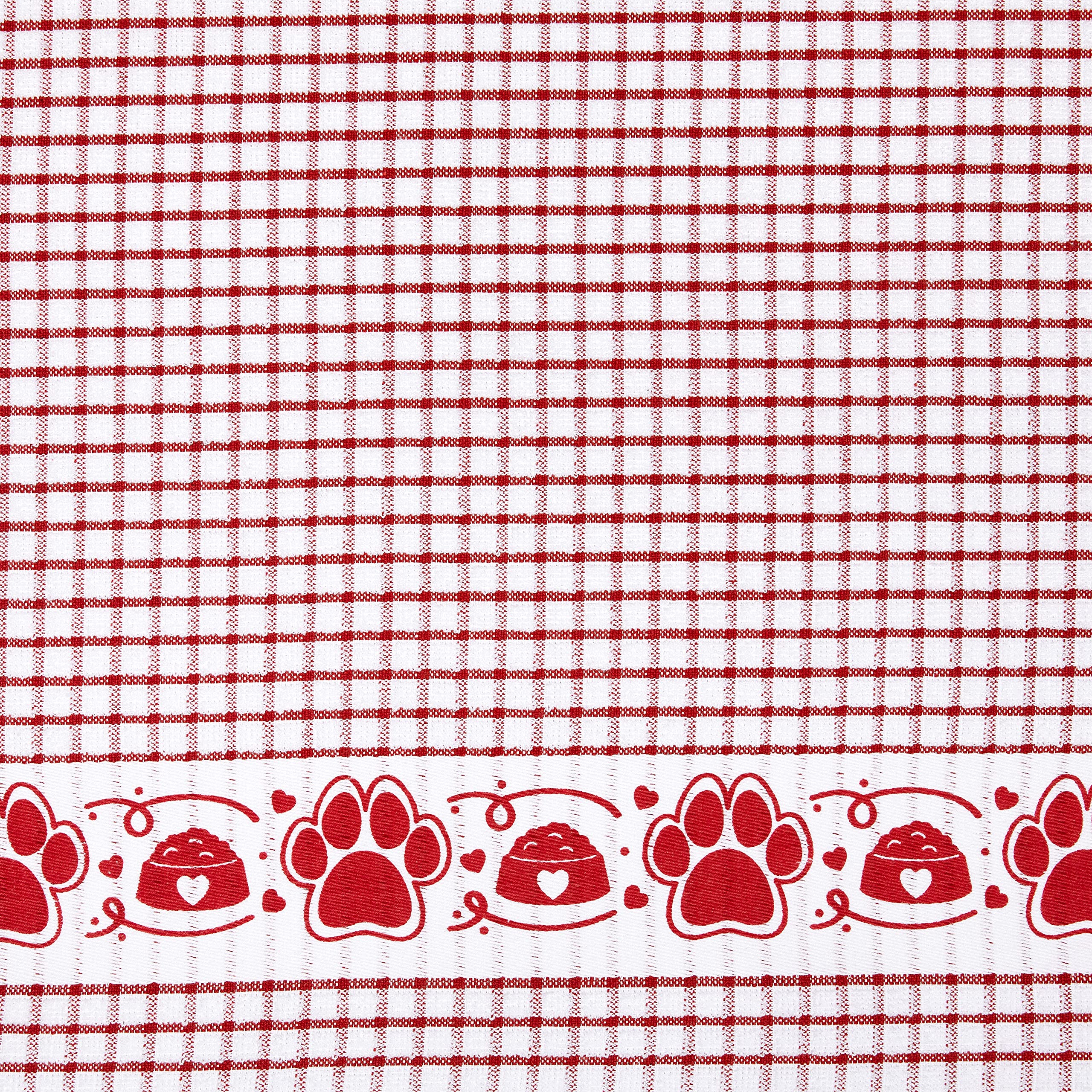 Cackleberry Home Paw Prints Terrycloth Kitchen Towels Windowpane Check Fabric, Set of 4 (Red)