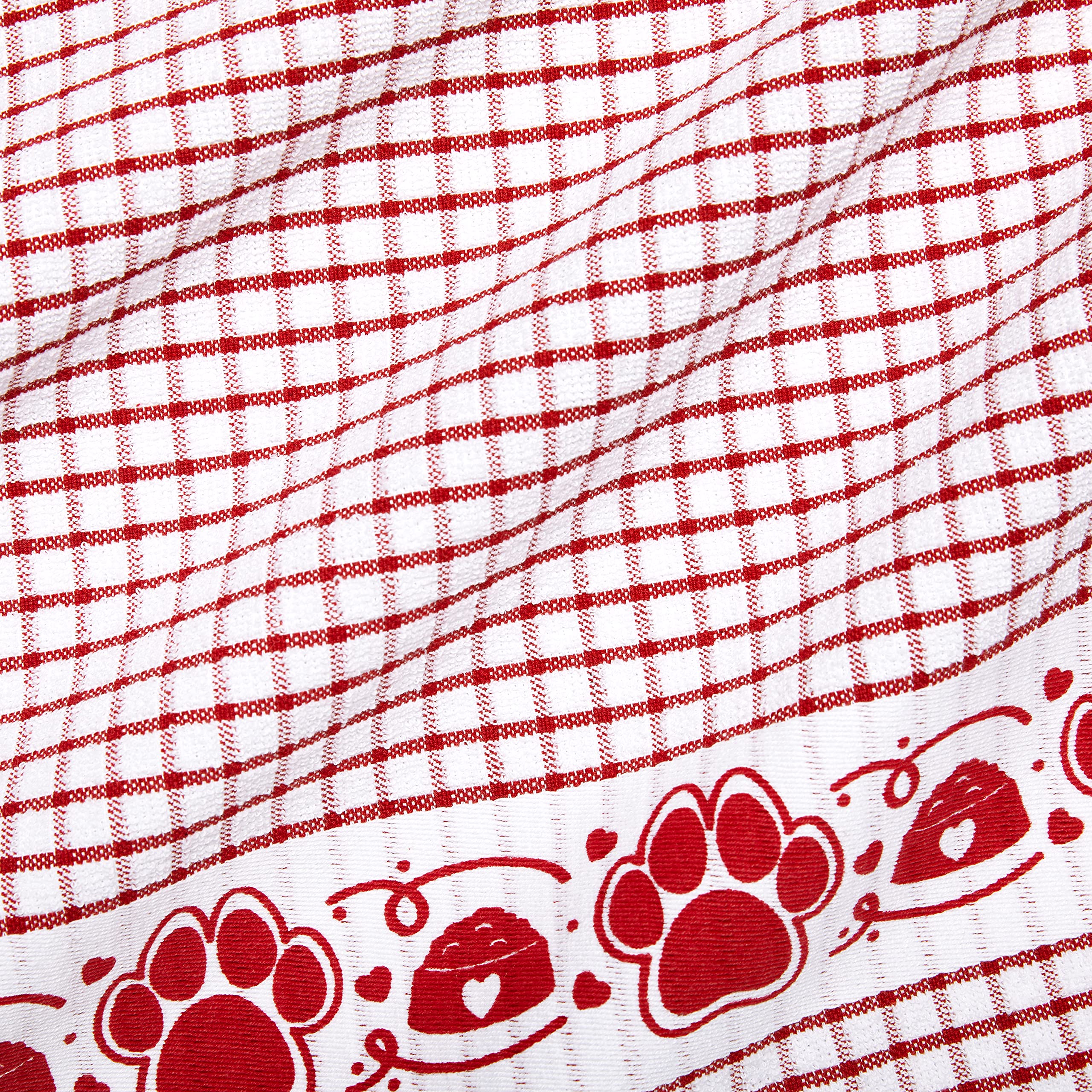 Cackleberry Home Paw Prints Terrycloth Kitchen Towels Windowpane Check Fabric, Set of 4 (Red)