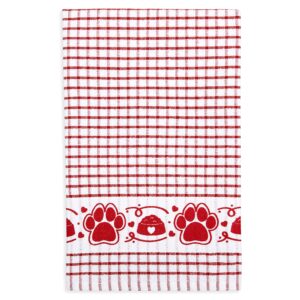 Cackleberry Home Paw Prints Terrycloth Kitchen Towels Windowpane Check Fabric, Set of 4 (Red)