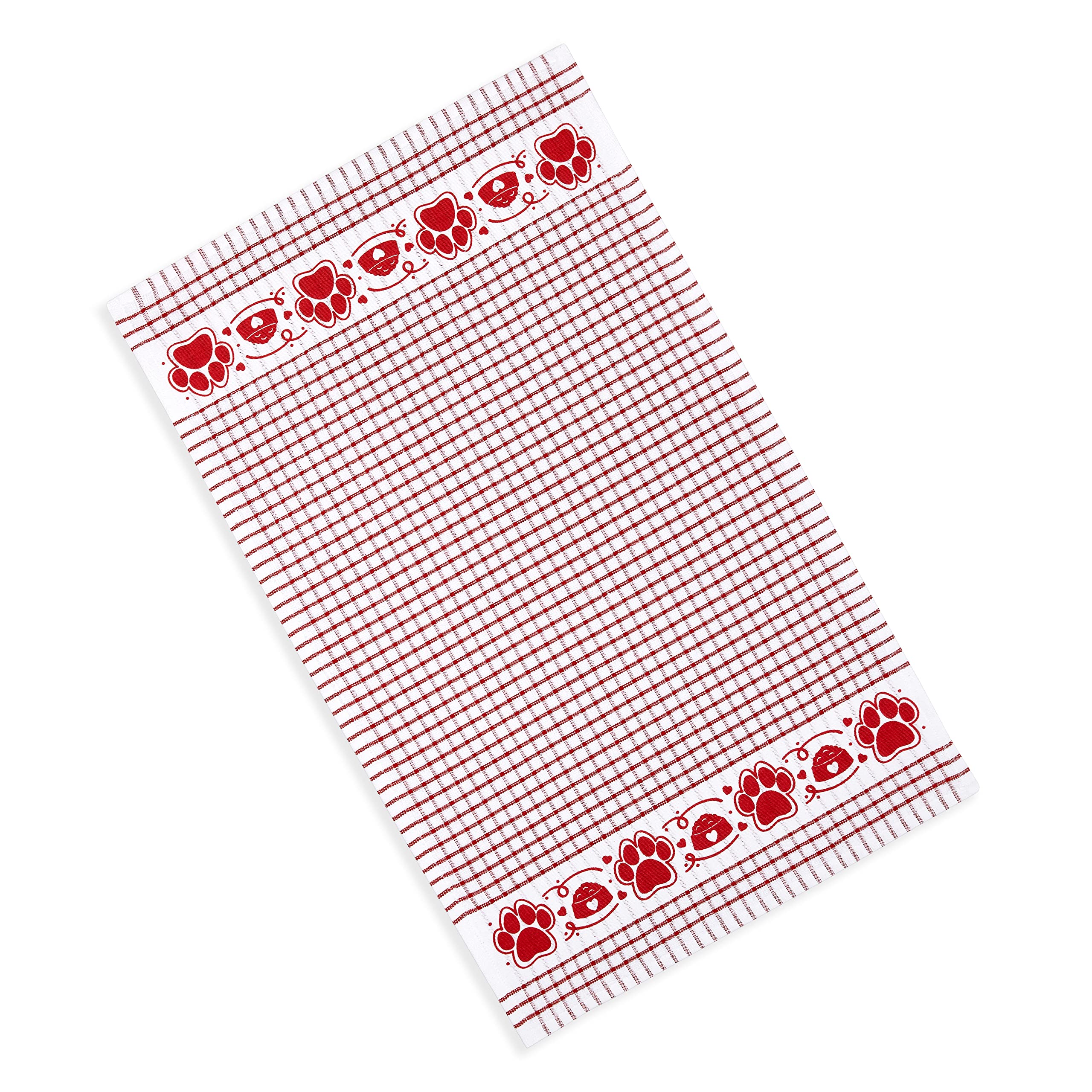 Cackleberry Home Paw Prints Terrycloth Kitchen Towels Windowpane Check Fabric, Set of 4 (Red)