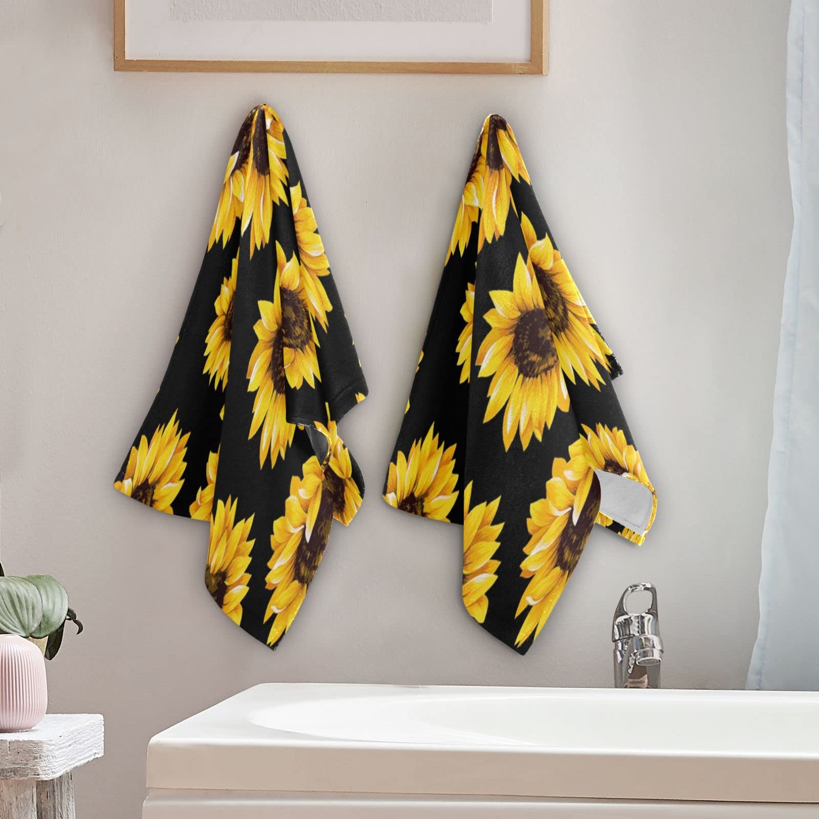 JSTEL Sunflower Kitchen Towels Set of 2,Super Absorbent Dish Drying Towels Rectangle 28.3x14.4 inch Microfiber Kitchen Hand Towels Flower Pattern