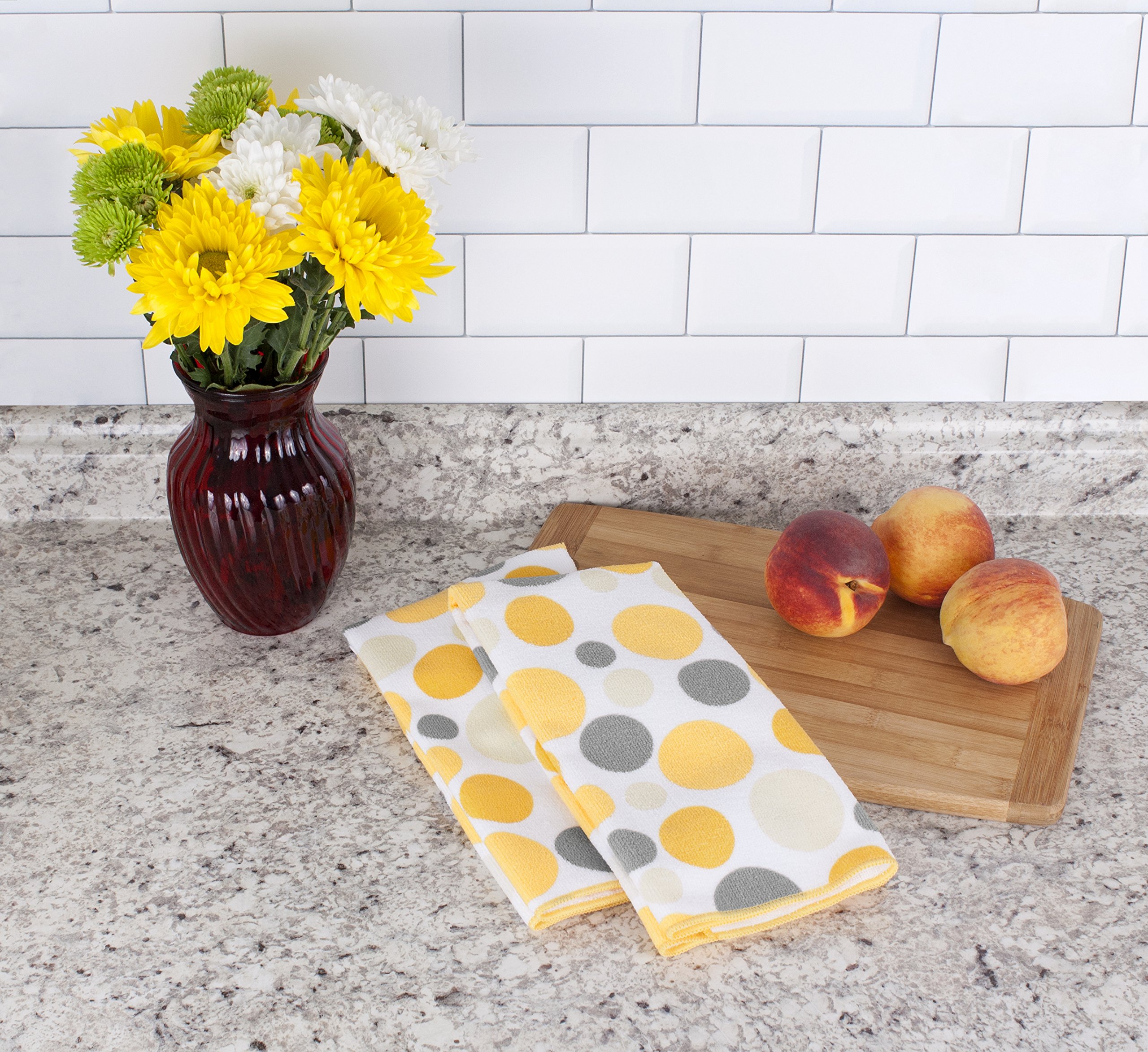 Ritz Royale Collection 100% Polyester Microfiber, Multi-Purpose, Polka Dot Print Kitchen Towel Set, 25" x 16", 2-Pack, Daffodil Yellow