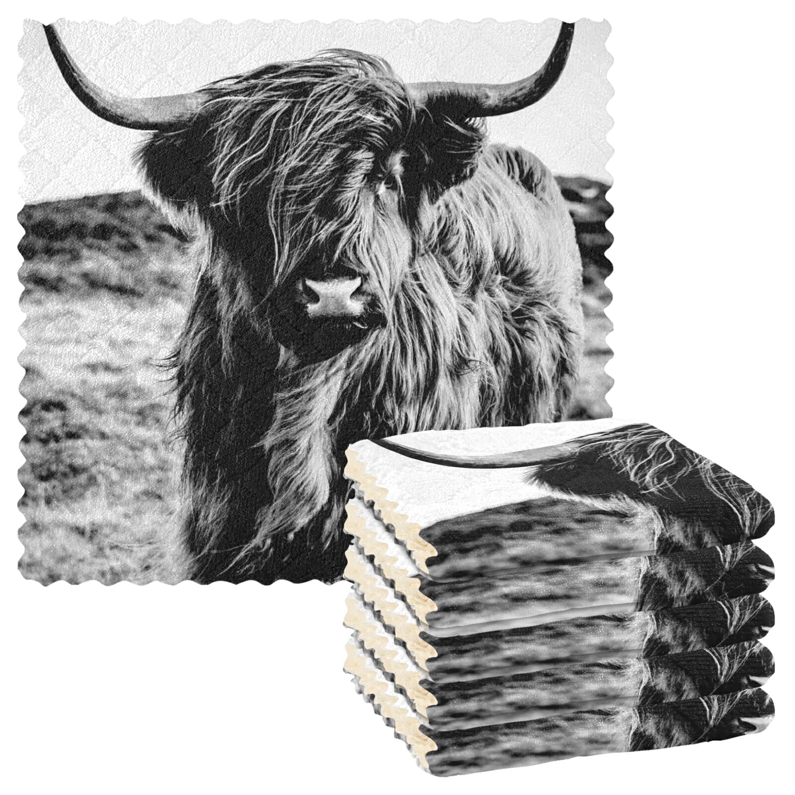 Black White Scottish Highland Cow Vintage Style 6 Set Kitchen Dish Towels, Washcloths Cleaning Cloths Dish Cloths, Absorbent Towels Lint Free Bar Tea Soft Waffle Towel 11"x11"