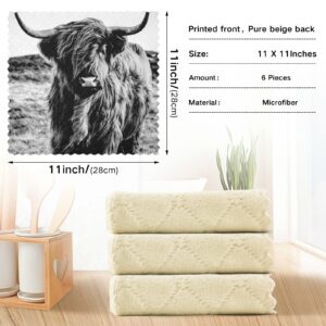 Black White Scottish Highland Cow Vintage Style 6 Set Kitchen Dish Towels, Washcloths Cleaning Cloths Dish Cloths, Absorbent Towels Lint Free Bar Tea Soft Waffle Towel 11"x11"