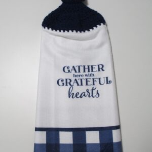 Crocheted FULL Towel Fall Gather Here With Grateful Hearts Kitchen Towel with Soft Navy Yarn