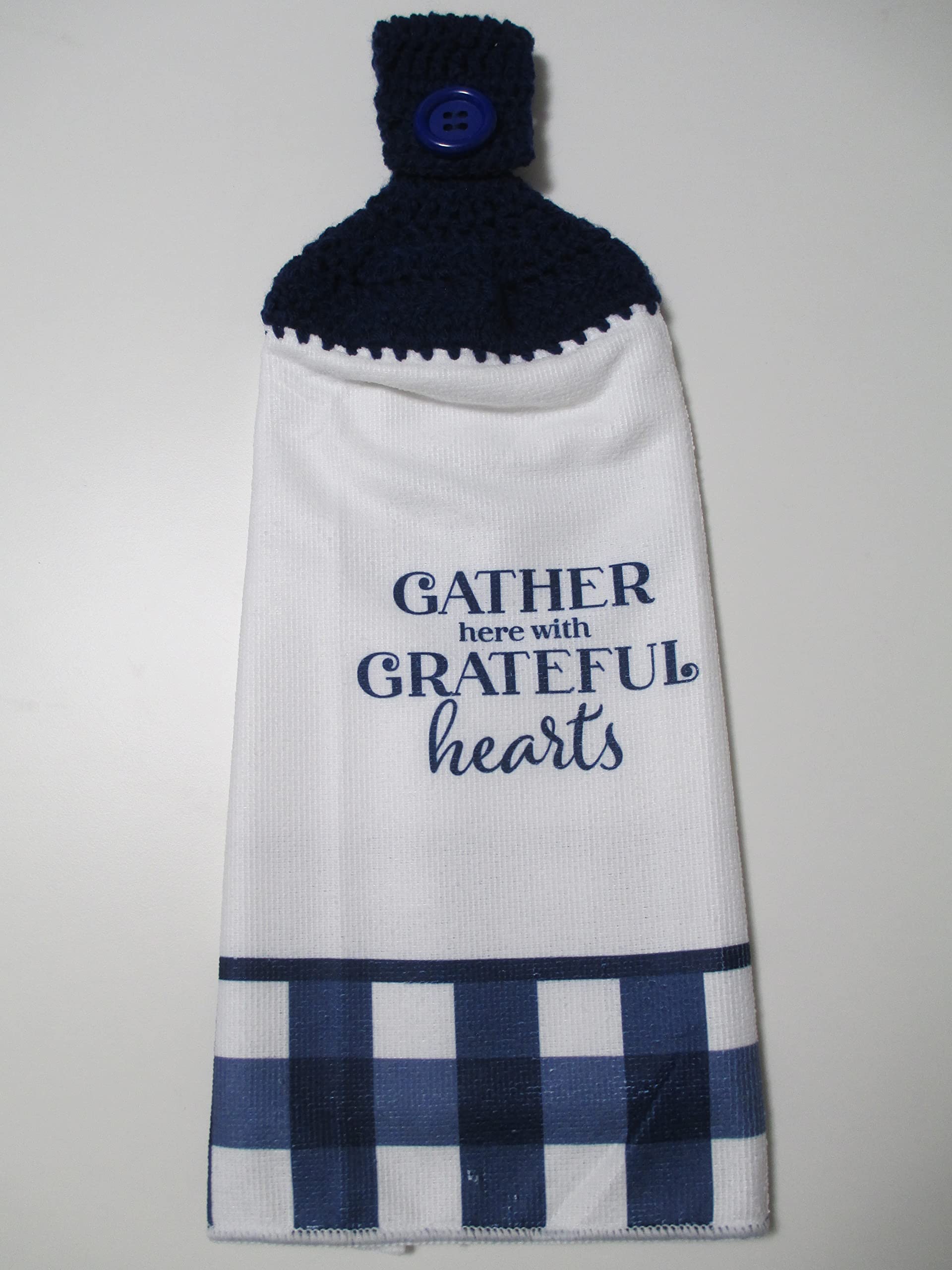 Crocheted FULL Towel Fall Gather Here With Grateful Hearts Kitchen Towel with Soft Navy Yarn