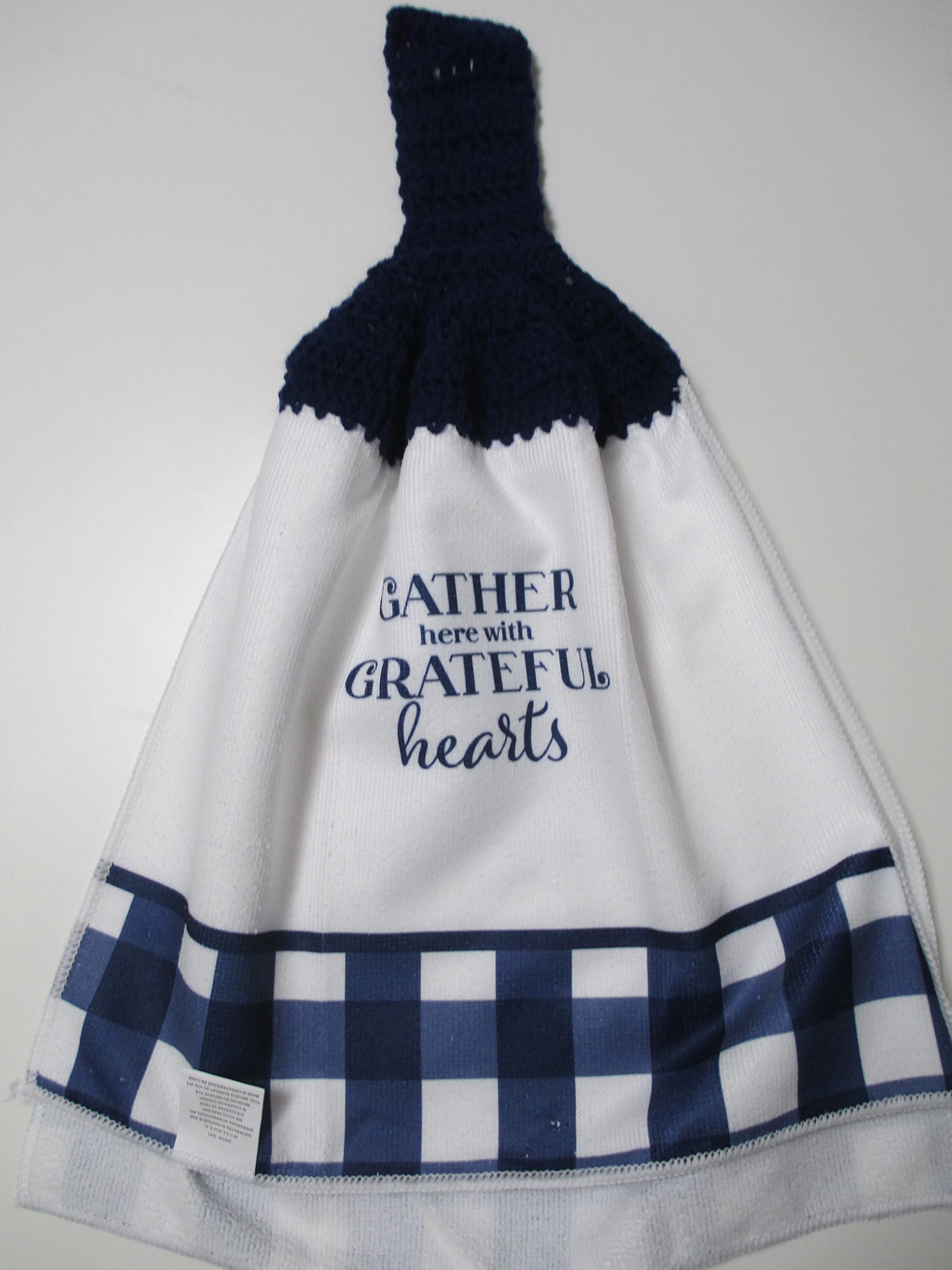 Crocheted FULL Towel Fall Gather Here With Grateful Hearts Kitchen Towel with Soft Navy Yarn