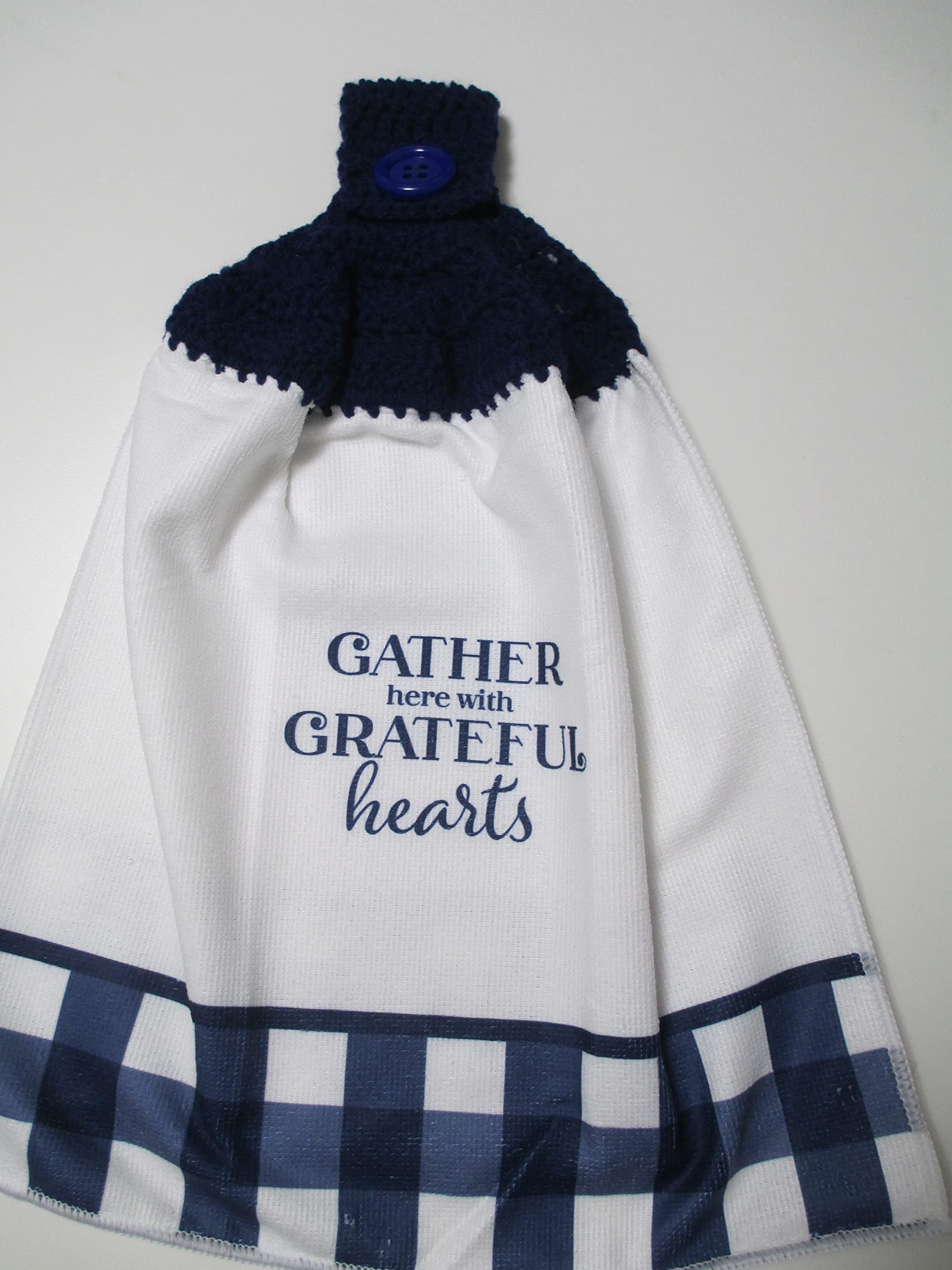 Crocheted FULL Towel Fall Gather Here With Grateful Hearts Kitchen Towel with Soft Navy Yarn