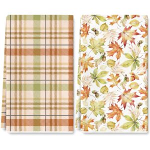 anydesign fall kitchen towel rustic autumn plaids maple leaves dish towel 28 x 18 inch farmhouse tea towel decorative hand drying towel for kitchen cooking baking party supplies, 2 pack