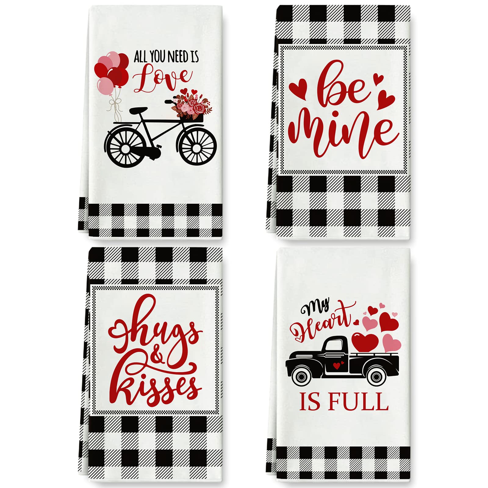 Whaline 4Pcs Valentine's Day Kitchen Towel 28 x 18 Inch White Black Buffalo Plaids Swedish Dish Towel Heart Truck Bicycle Sweet Style Hand Drying Tea Towel for Holiday Kitchen Bathroom Home Supplies