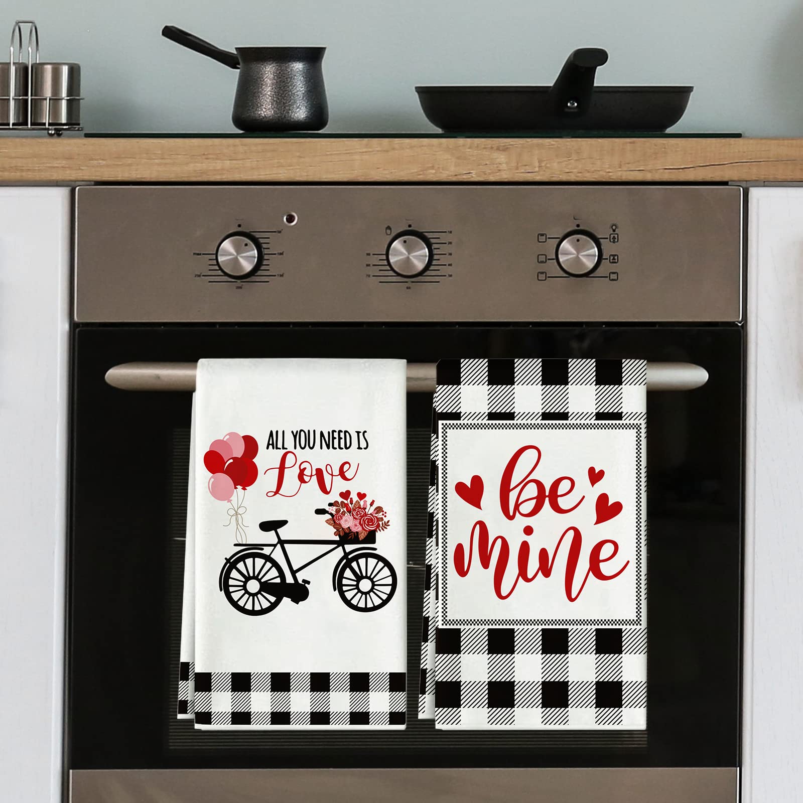 Whaline 4Pcs Valentine's Day Kitchen Towel 28 x 18 Inch White Black Buffalo Plaids Swedish Dish Towel Heart Truck Bicycle Sweet Style Hand Drying Tea Towel for Holiday Kitchen Bathroom Home Supplies