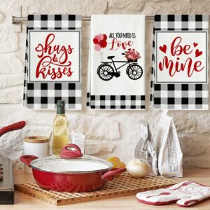 Whaline 4Pcs Valentine's Day Kitchen Towel 28 x 18 Inch White Black Buffalo Plaids Swedish Dish Towel Heart Truck Bicycle Sweet Style Hand Drying Tea Towel for Holiday Kitchen Bathroom Home Supplies