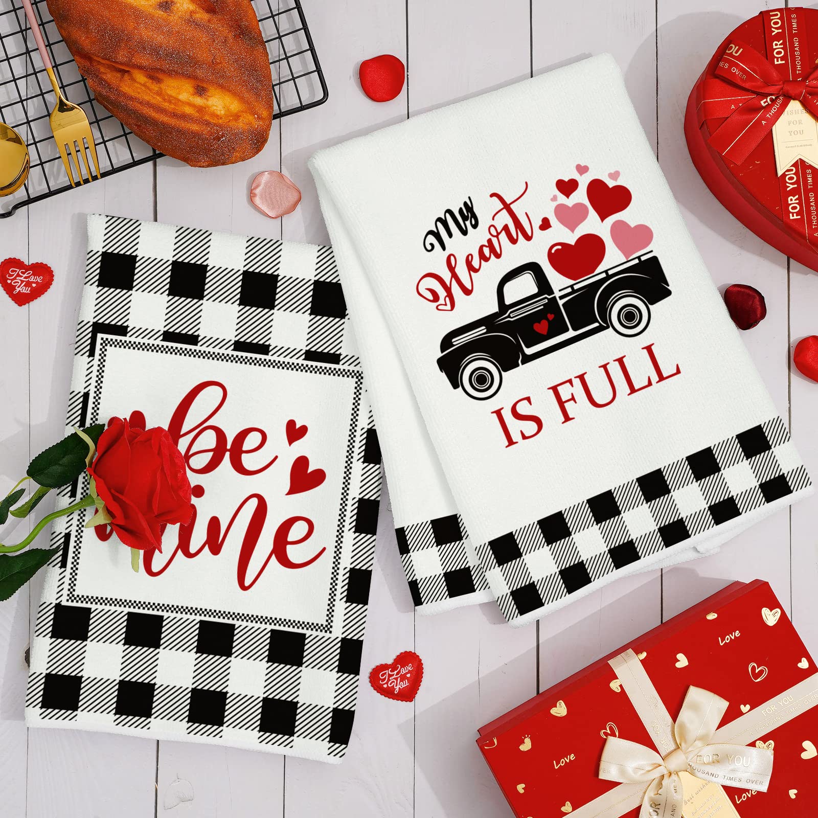 Whaline 4Pcs Valentine's Day Kitchen Towel 28 x 18 Inch White Black Buffalo Plaids Swedish Dish Towel Heart Truck Bicycle Sweet Style Hand Drying Tea Towel for Holiday Kitchen Bathroom Home Supplies