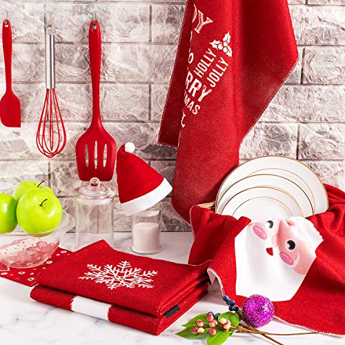 Whaline Red Christmas Kitchen Towel Set, 18" x 28" Santa Claus Snowflake Dishtowels Oversized Tea Dish Towels for Holiday, Home Decor, Gift-Christmas, 4 Pack