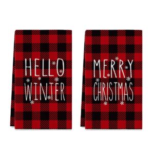 artoid mode buffalo plaid merry christmas kitchen towels dish towels, 18x26 inch hello winter seasonal decoration hand towels set of 2