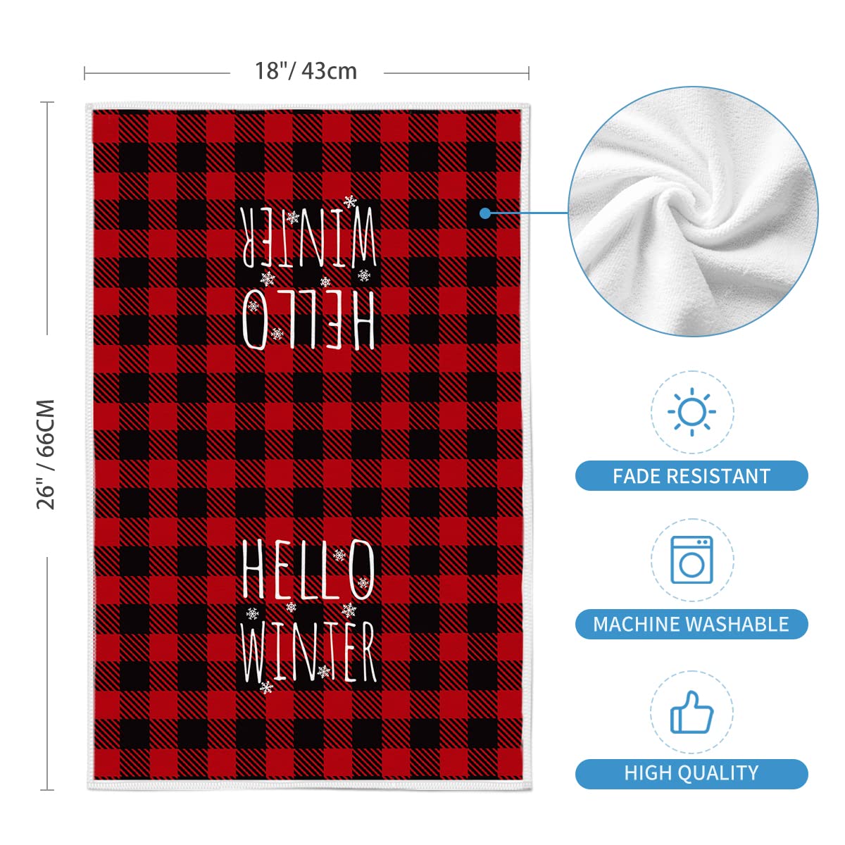 Artoid Mode Buffalo Plaid Merry Christmas Kitchen Towels Dish Towels, 18x26 Inch Hello Winter Seasonal Decoration Hand Towels Set of 2