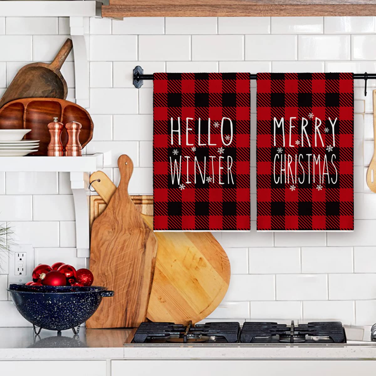 Artoid Mode Buffalo Plaid Merry Christmas Kitchen Towels Dish Towels, 18x26 Inch Hello Winter Seasonal Decoration Hand Towels Set of 2